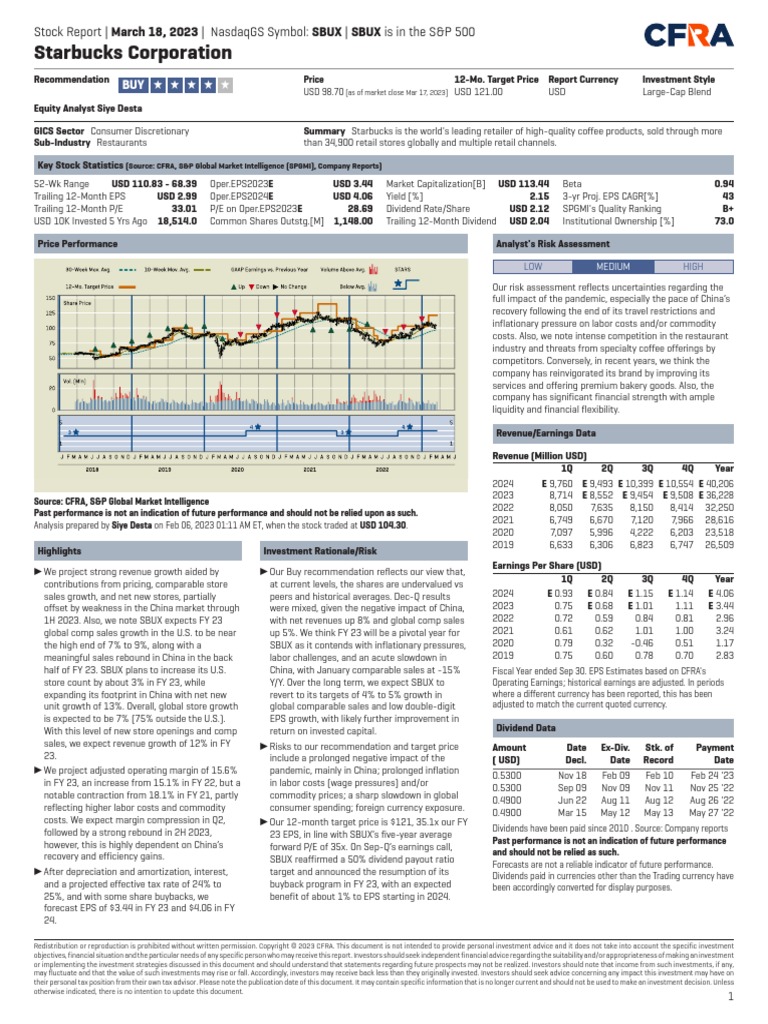 Sbux 2023 Cfra | Download Free PDF | Starbucks | Index (Economics)