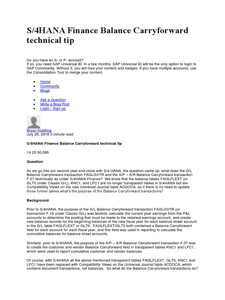 S4HANA Finance Balance Carryforward Technical - Tip | PDF | Business | Computing