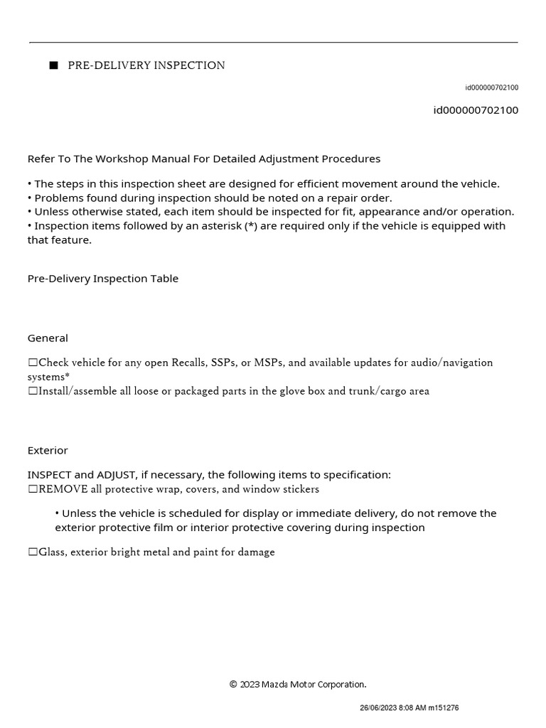 Pre-Delivery Inspection Checklist | PDF | Tire | Elevator