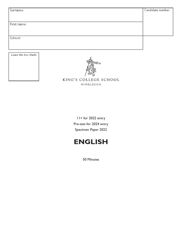 11 English Pre Test Specimen Paper Kings College School Wimbledon 2022 ...