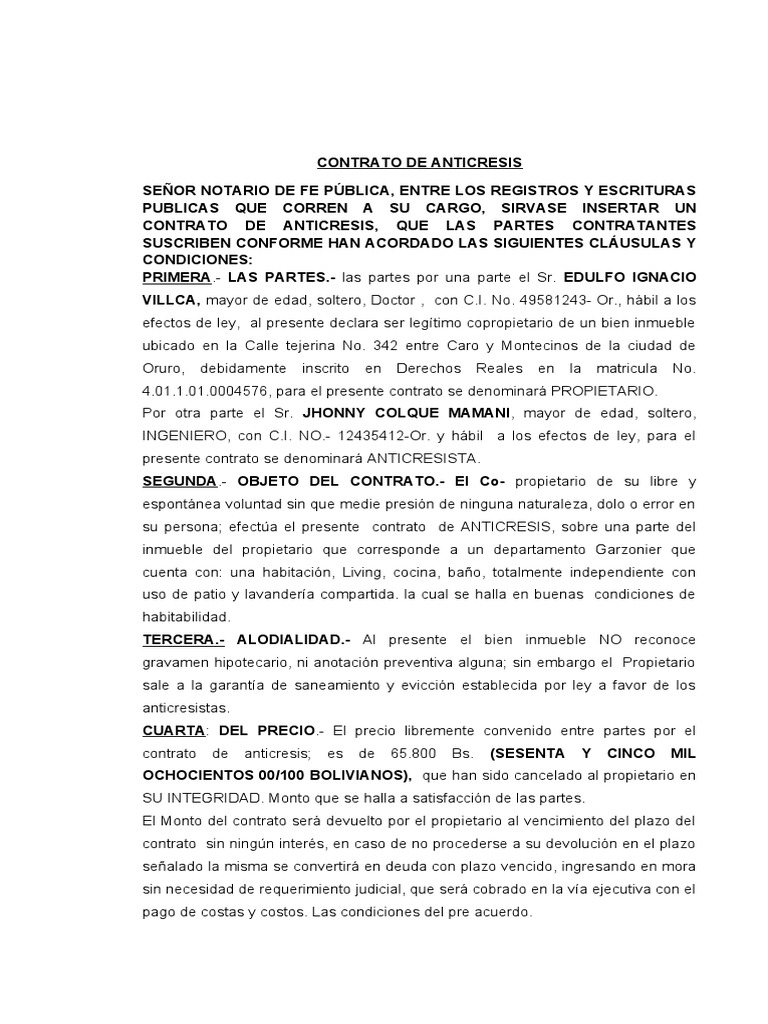 Contrato de Anticresis | PDF | Ley de obligaciones | Derecho civil ...