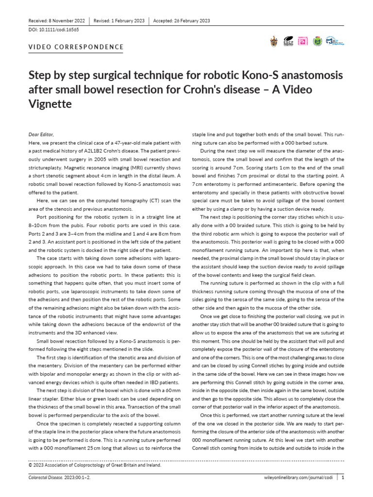 Colorectal Disease - 2023 - Suarez Pazos - Step by Step Surgical Technique For Robotic Kono S ...