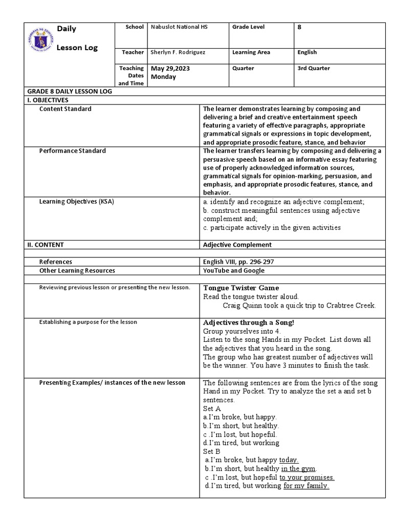Adjective Complement-Lesson Plan 22 | PDF | Learning | English Language