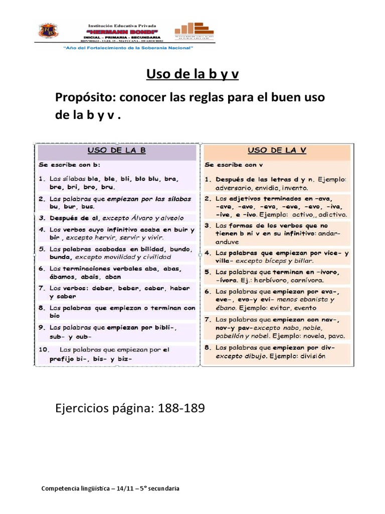 Reglas y Ejercicios de B y V para Secundaria | PDF | Artes del Lenguaje ...