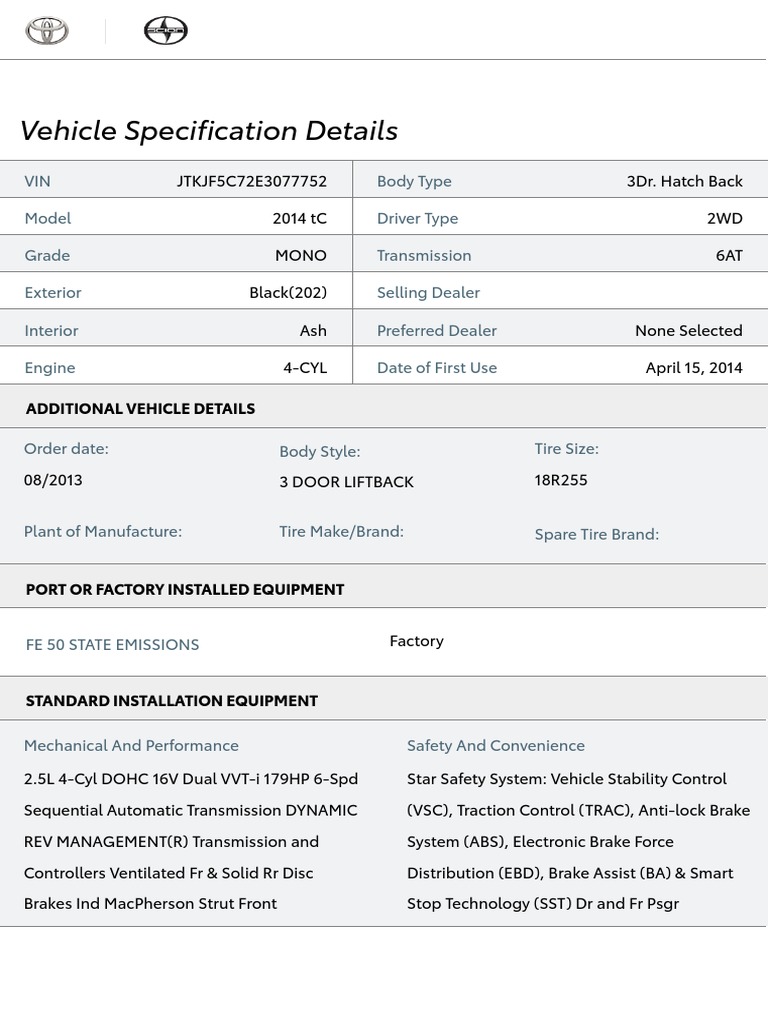 2014 Toyota tC Vehicle Specifications | PDF