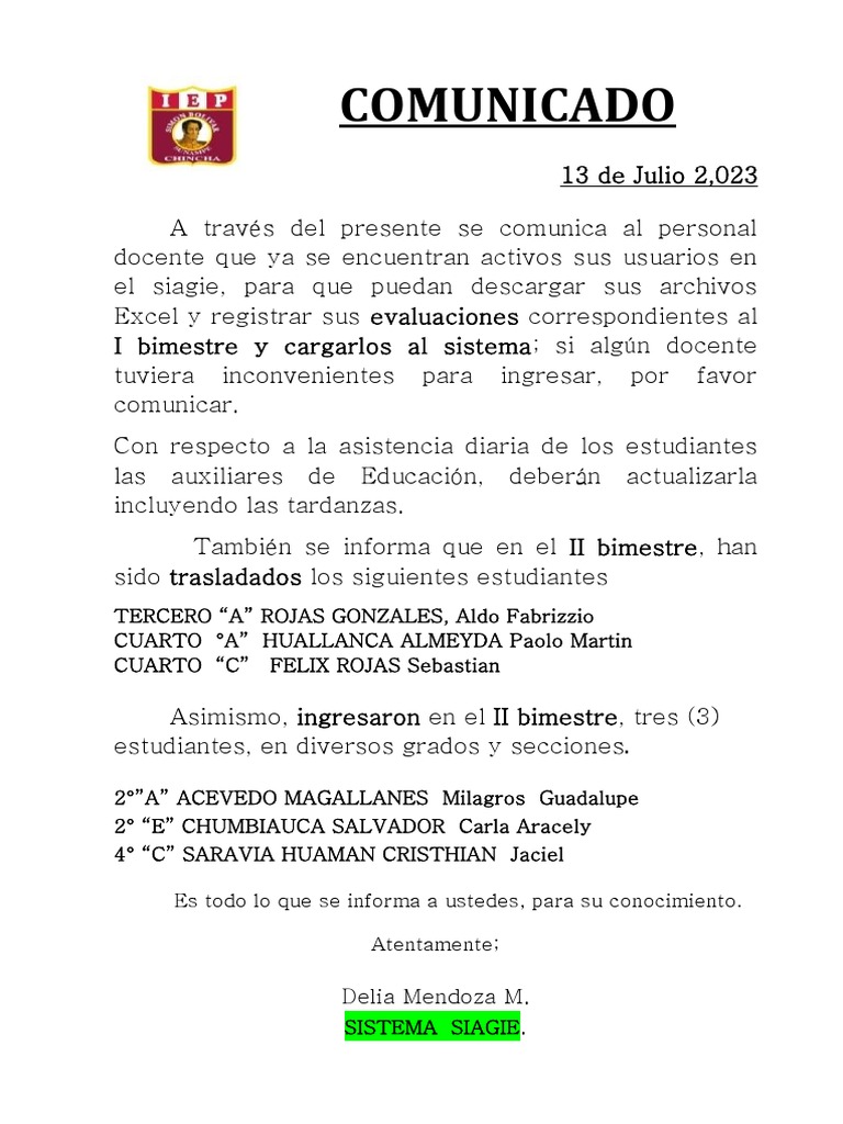 Comunicado Ii Bimestre | PDF