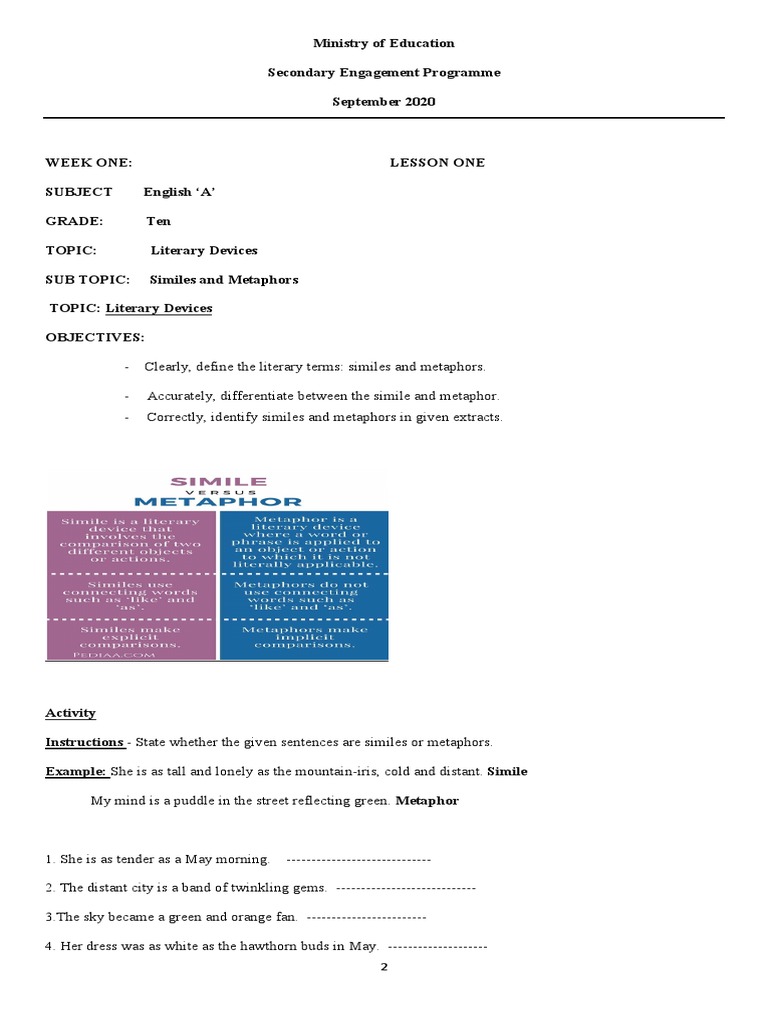 Grade 10: Similes & Metaphors | PDF | Metaphor