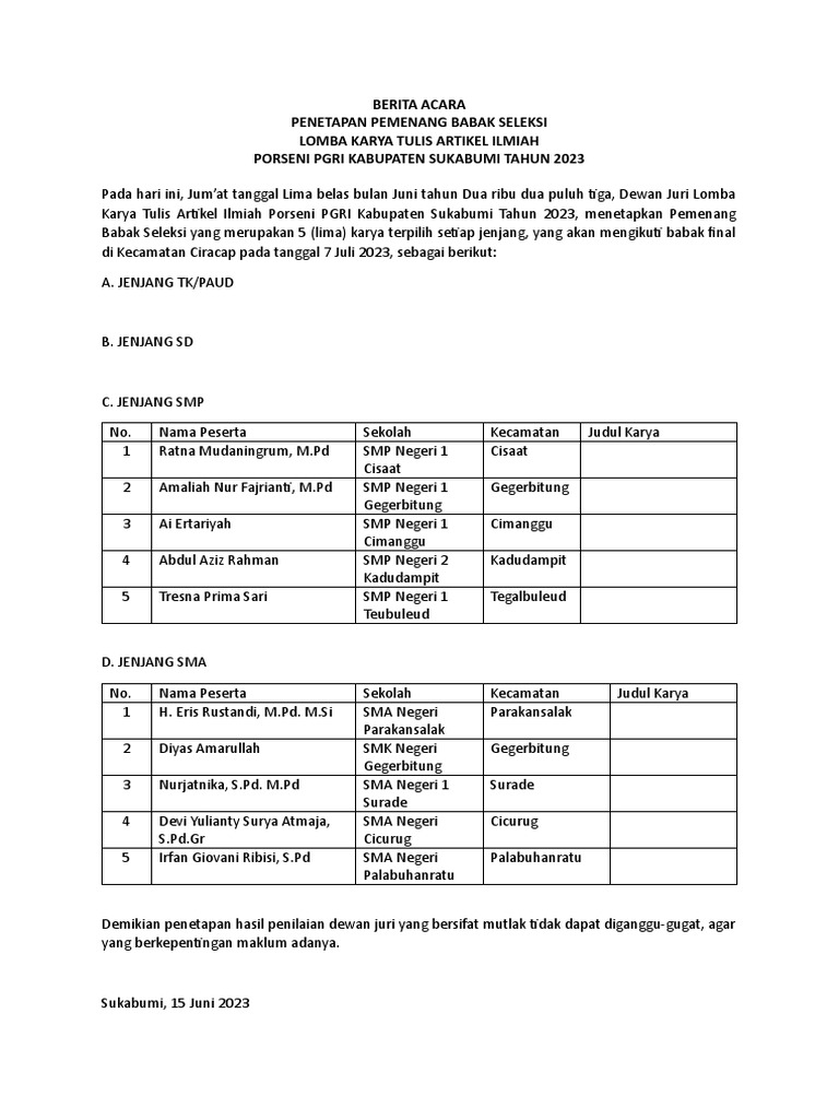 Berita Acara Lomba Ktai | PDF