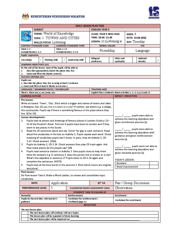 Daily Lesson Plan Ts25 | PDF | Lesson Plan | Teachers