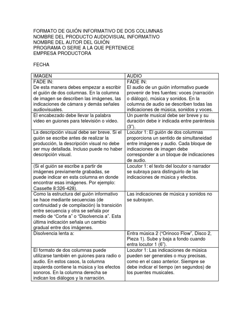 Formato Guión Informativo A 2 Columnas | PDF