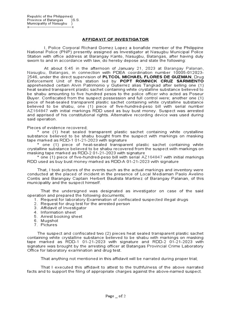 Affidavit of Investigator | PDF | Affidavit | Justice