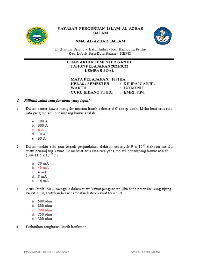 Soal Ujian Fisika SMA Al-Azhar Batam | PDF