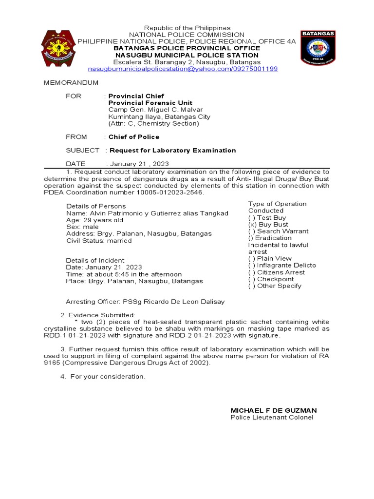 Drug Test Request and Laboratory Examination | PDF