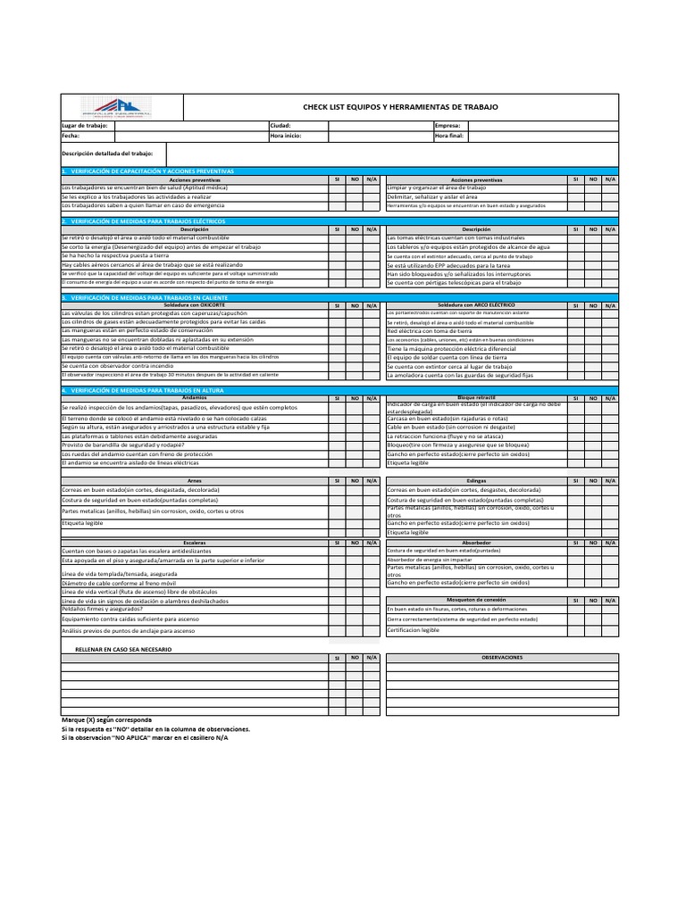 Check List Equipos y Herramientas de Trabajo de Alto Riesgo | PDF ...