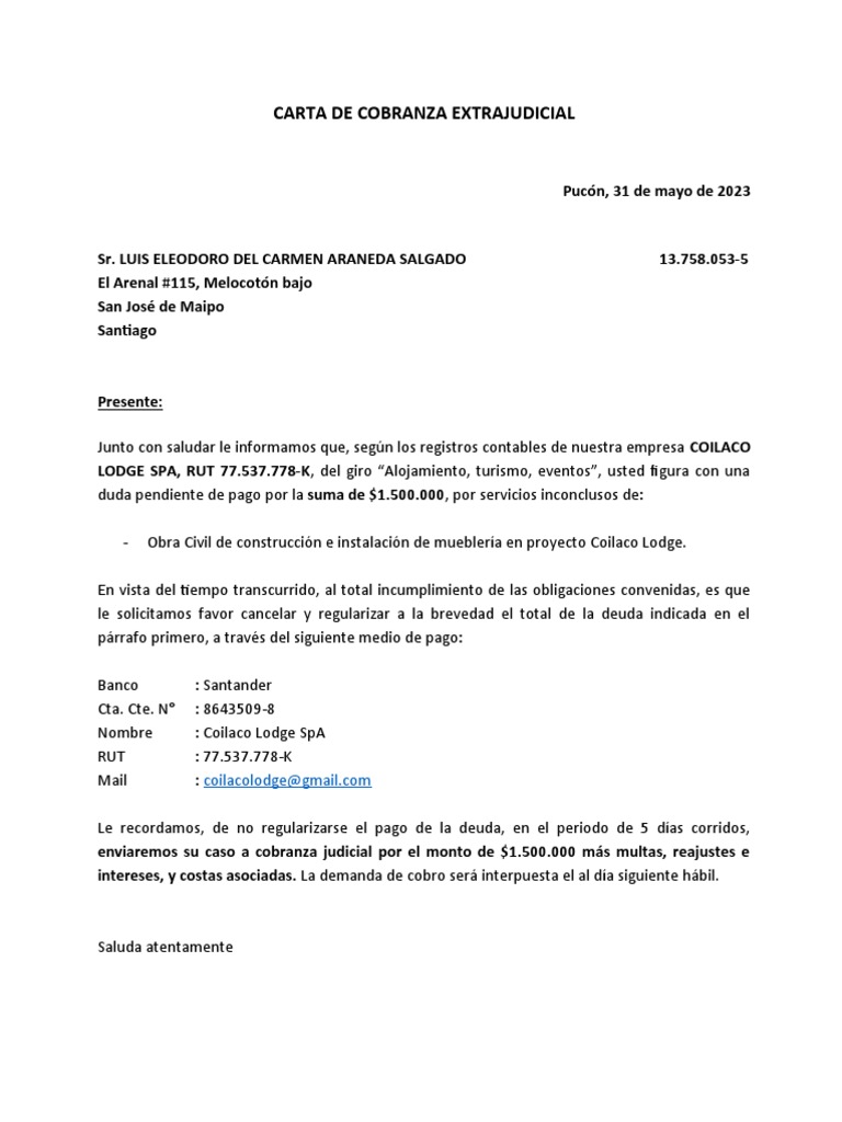 Carta de Cobranza Extrajudicial Luis Araneda | PDF