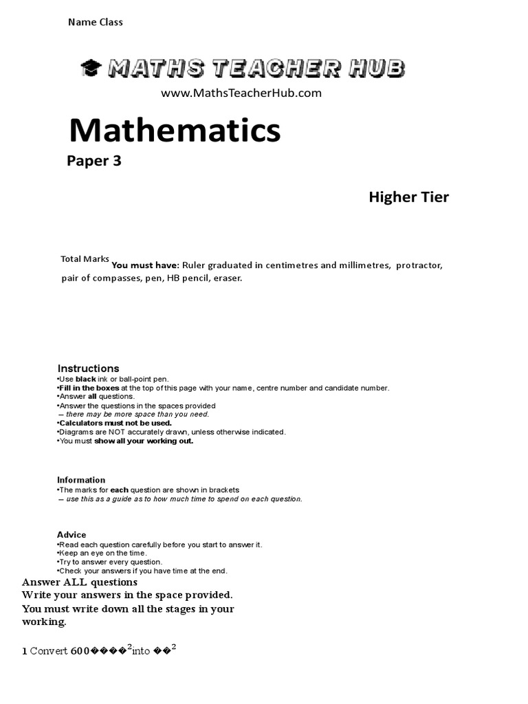 Maths Teacher Hub 3H - 2023 - Practice Paper | PDF