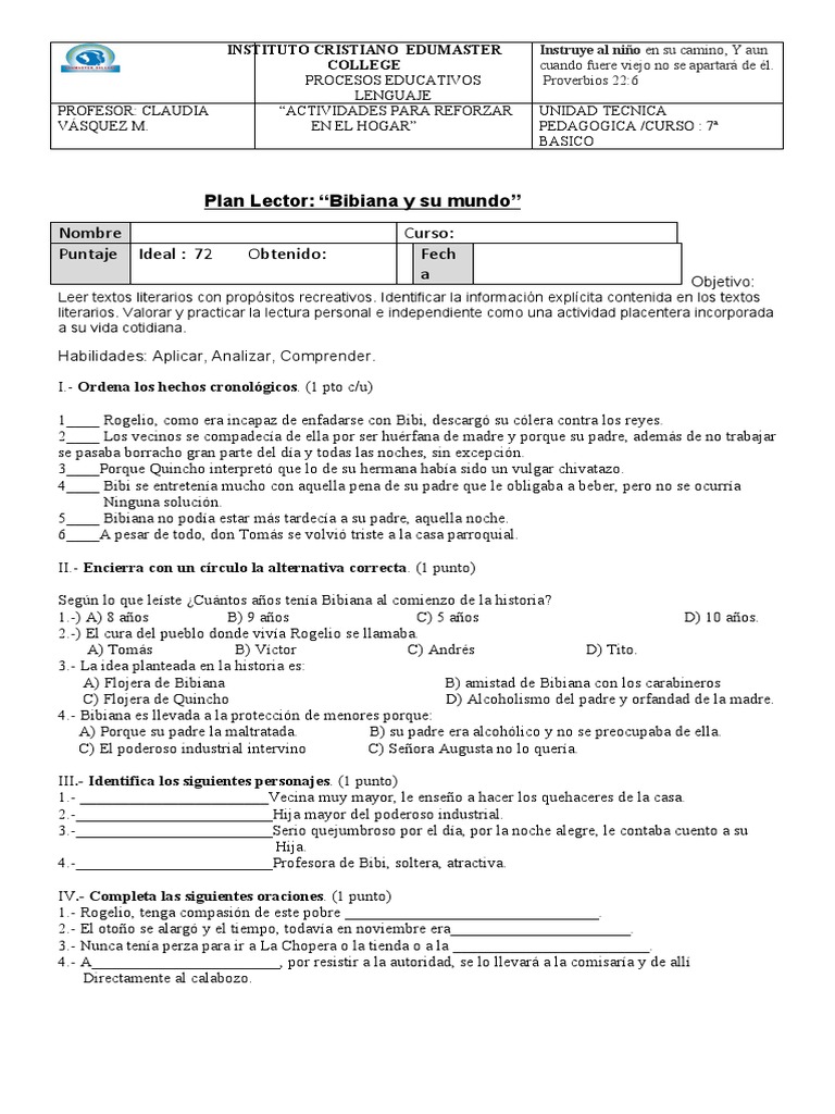 Prueba Bibiana y Su Mundo 7° Basico | PDF