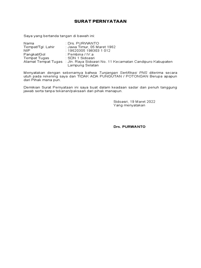 Surat Pernyataan Potongan | PDF