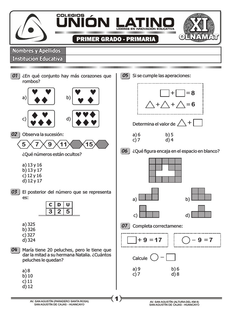 Examen 1ro de Primaria Ul 2019 | PDF