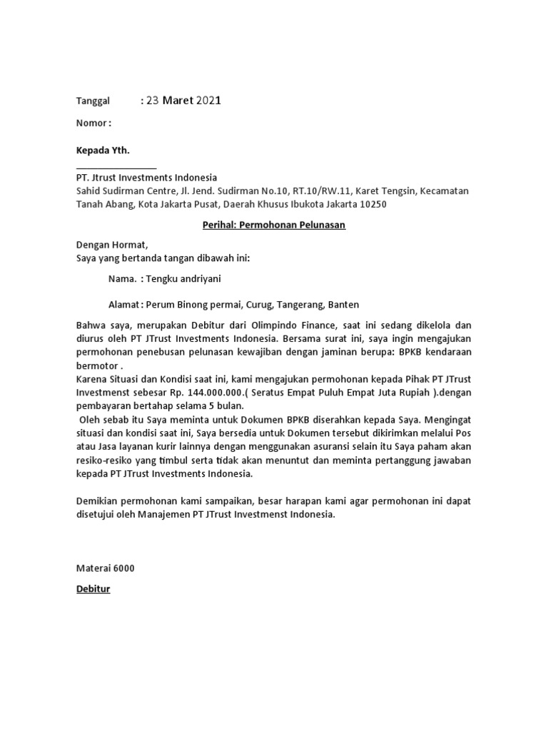 Draft Surat Permohonan Pelunasan | PDF