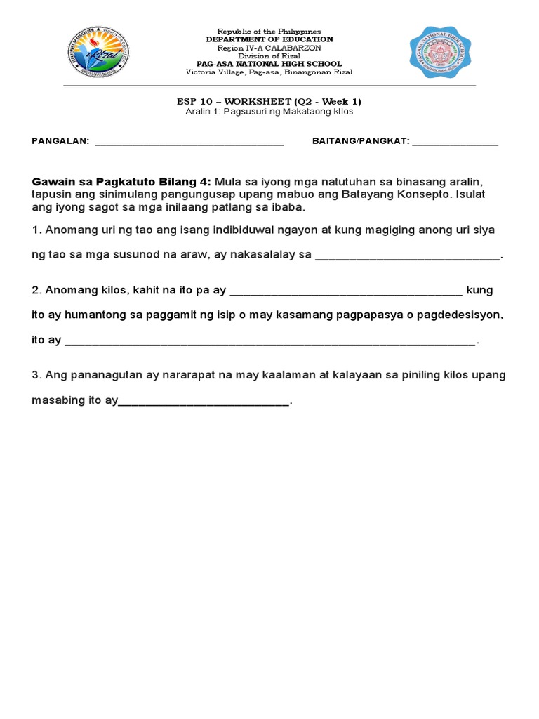 ESP 10 Q2 - Gawain Sa Pagkatuto Bilang 4 | PDF