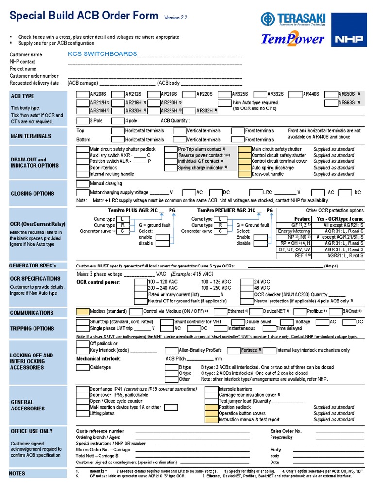 Special Build ACB Order Form 2.2 | PDF | Alternating Current | Switch