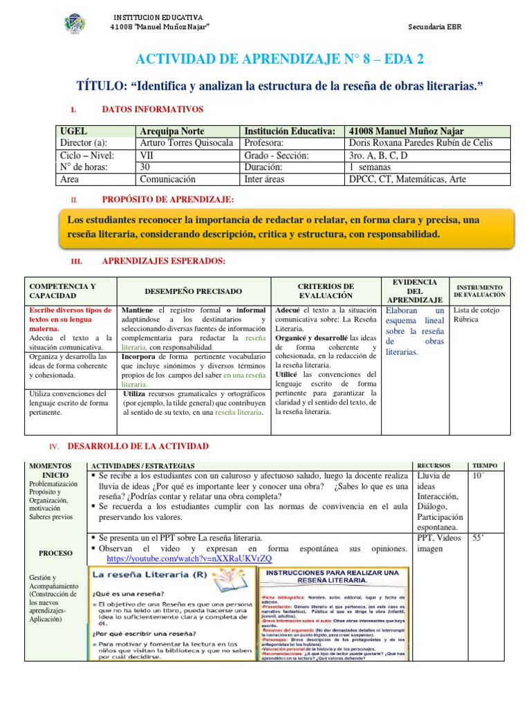 Act 8 Eda 2 - Reseña Literaria | PDF | Evaluación | Aprendizaje