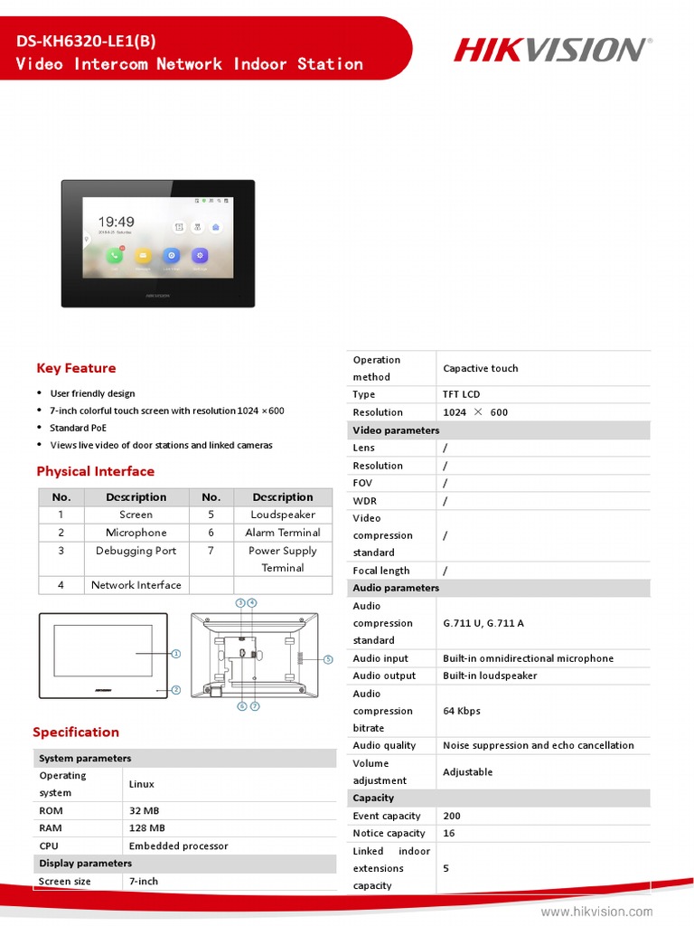 DS KH6320 LE1B Video Intercom Network Indoor Station V1.0 Datasheet ...