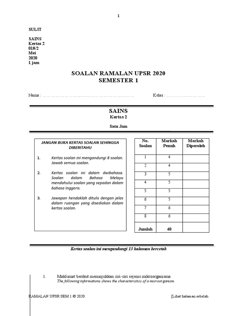 Soalan Ramalan UPSR Sem 1 2020 - Sains K2 (DLP) | PDF