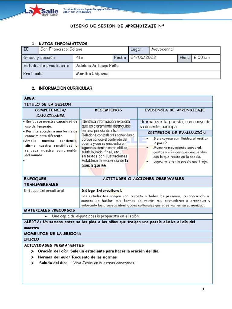 DISEÑO DE SESION DE APRENDIZAJE - Dia Del Maestro | PDF | Plan de estudios | Maestros