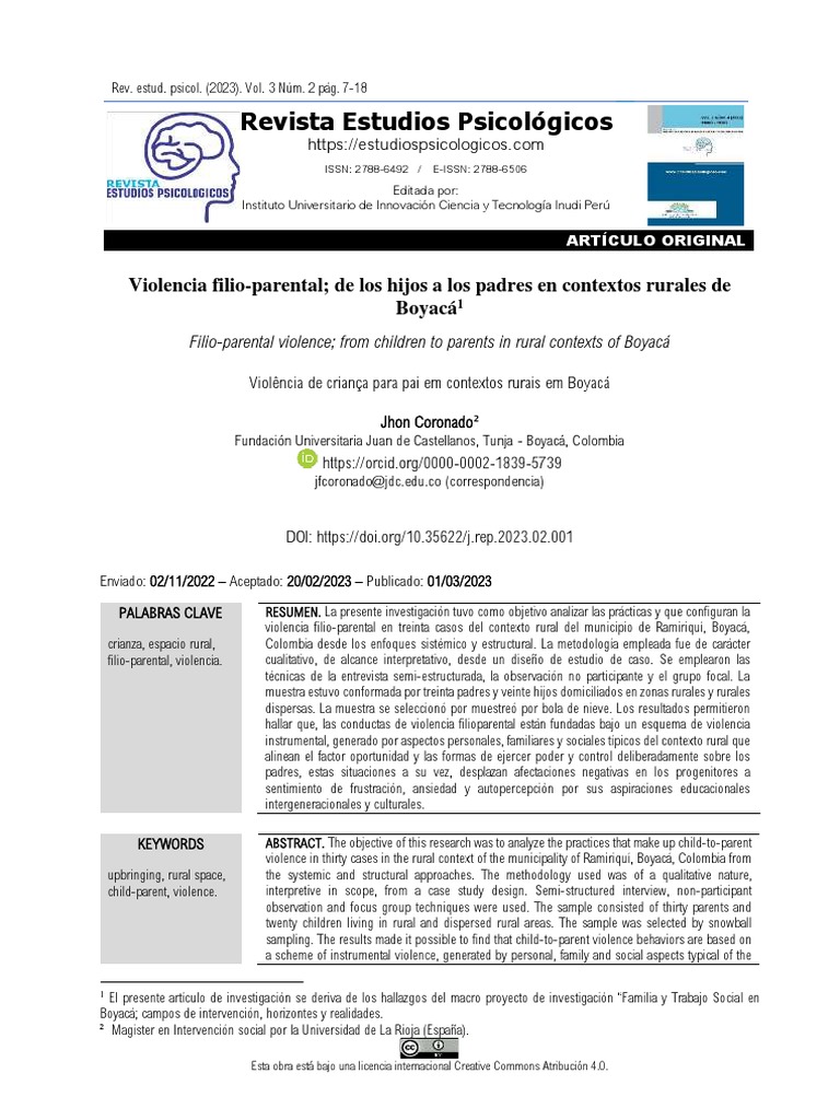 Revista Estudios Psicológicos: Violencia Filio-Parental de Los Hijos A Los Padres en Contextos ...