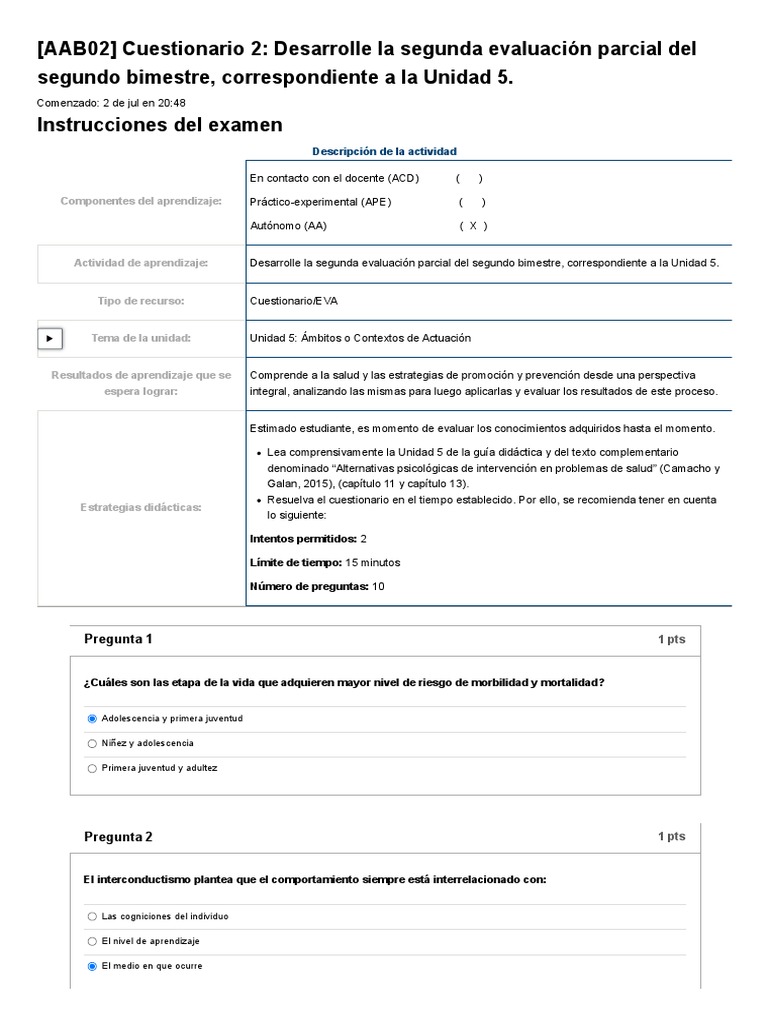 Examen - (AAB02) Cuestionario 2 - Desarrolle La Segunda Evaluación Parcial Del Segundo Bimestre ...