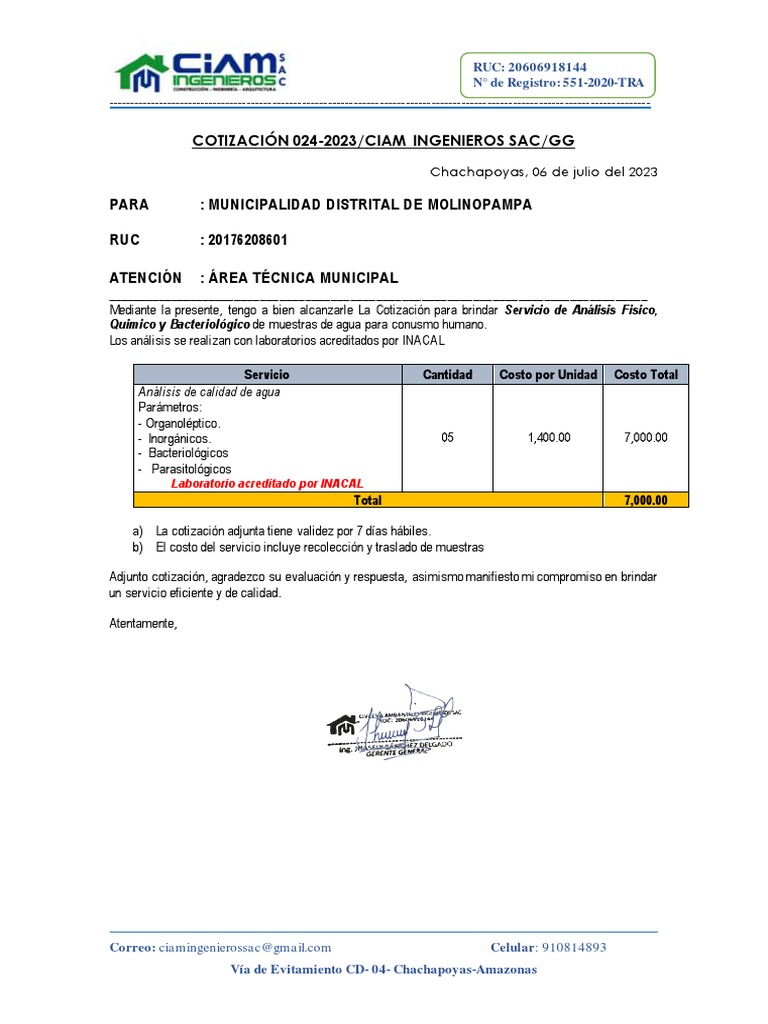 Cotización - Molinopampa - Ciam Ingenieros - Analisis | PDF