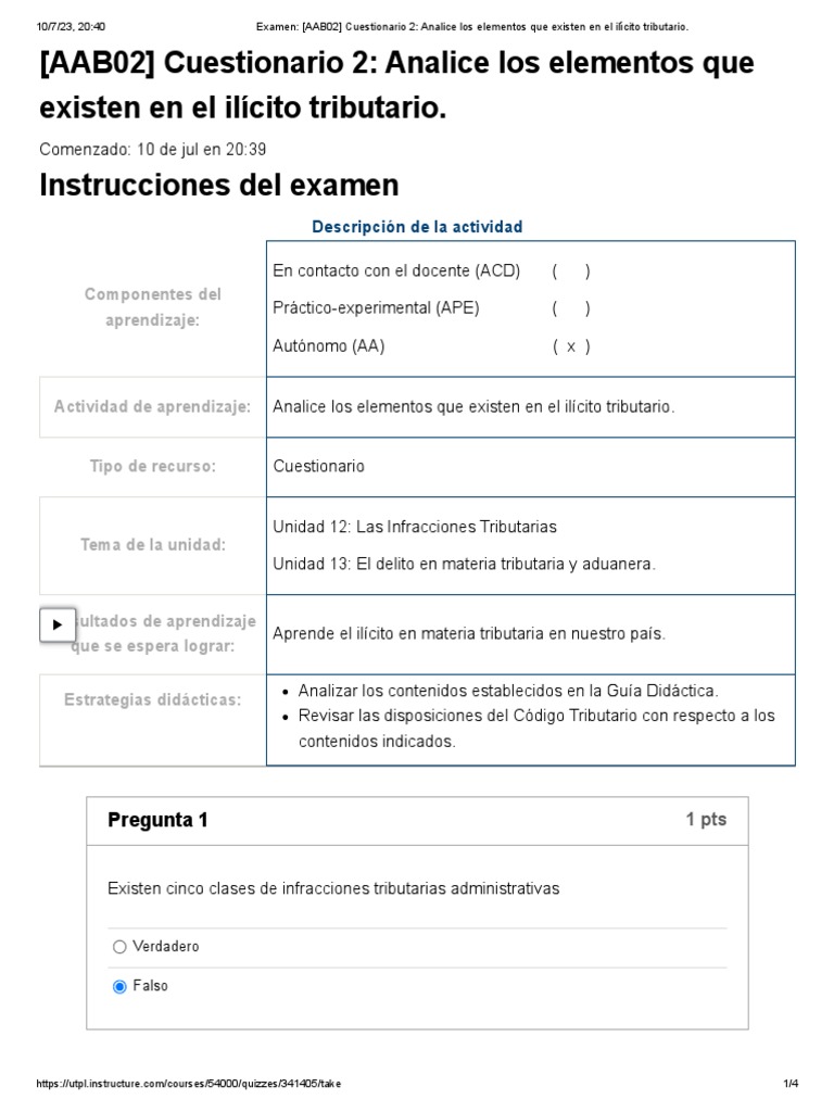 Examen - (AAB02) Cuestionario 2 - Analice Los Elementos Que Existen en El Ilícito Tributario ...