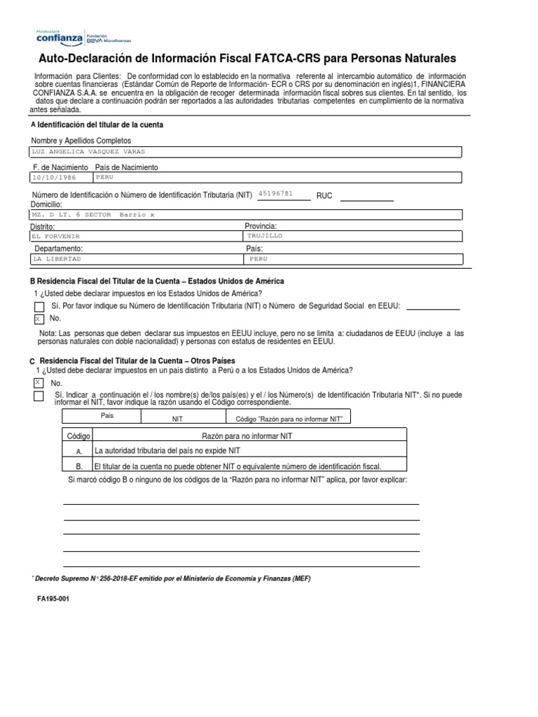 Auto-Declaración de Información Fiscal FATCA-CRS para Personas ...