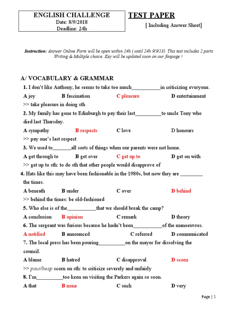 ENGLISH CHALLENGE (Key) | PDF | Comic Strips