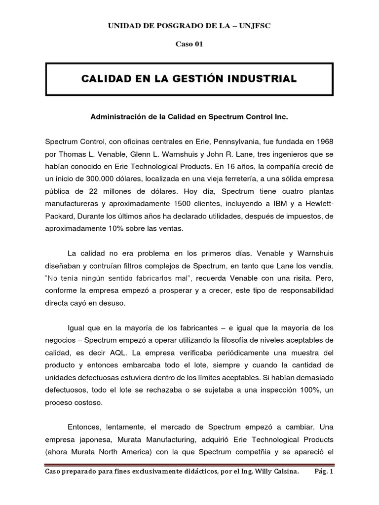 Caso 01 Calidad En La Gestion Industrial Pdf