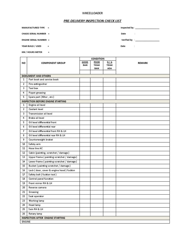 Wheel Loader Pre-Delivery Inspection Checklist | PDF | Brake | Leak