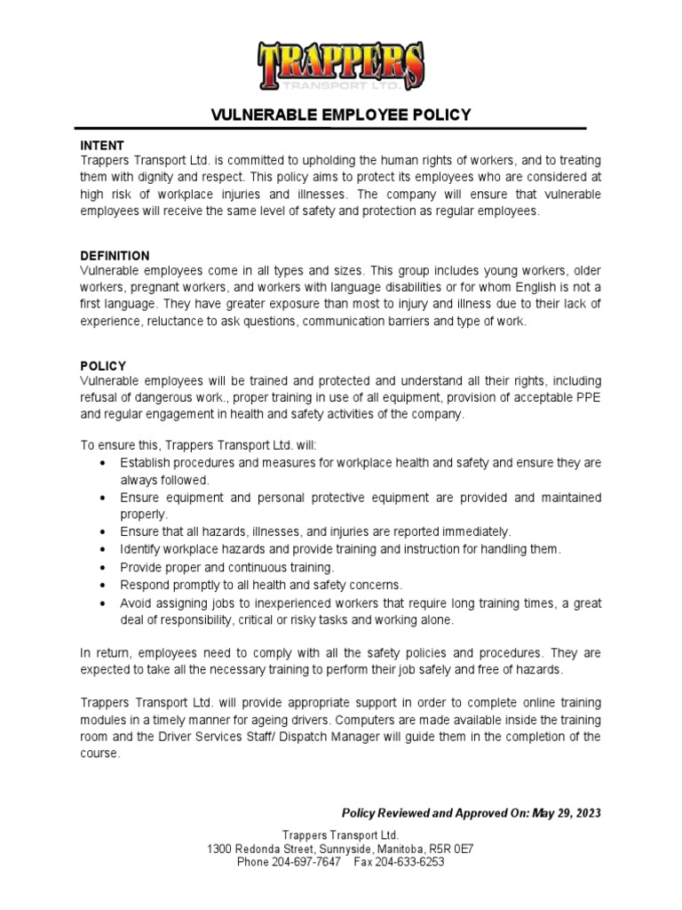 Vulnerable Employee Policy | PDF | Occupational Safety And Health ...