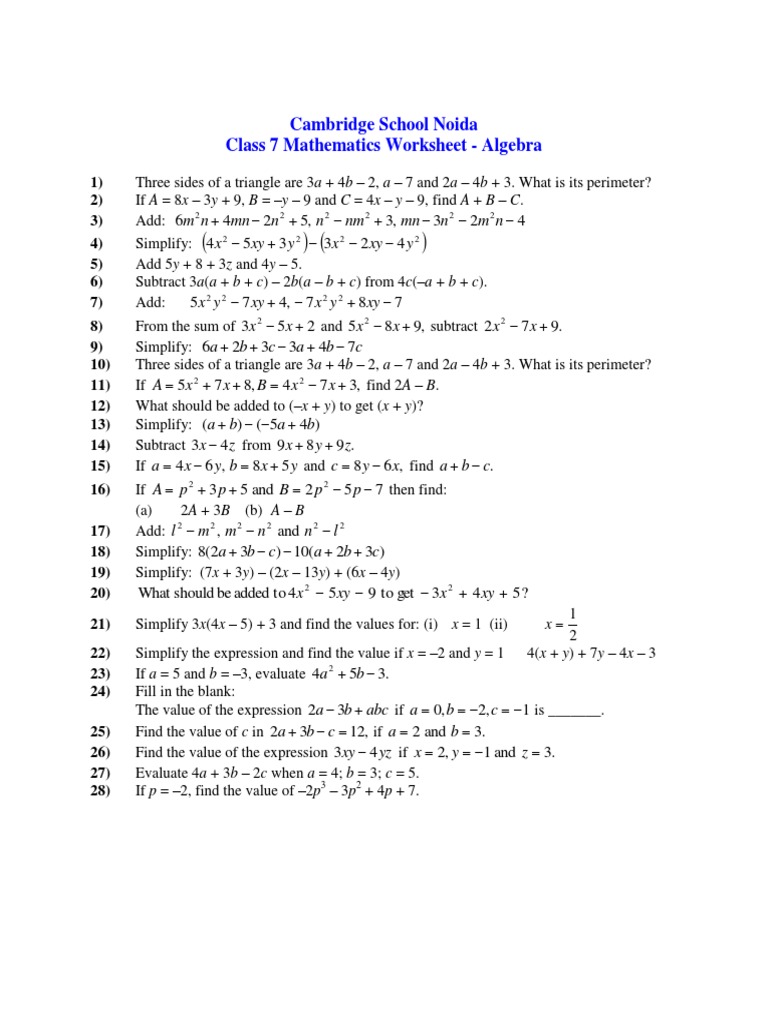 Worksheet Algebra Class 7 | PDF