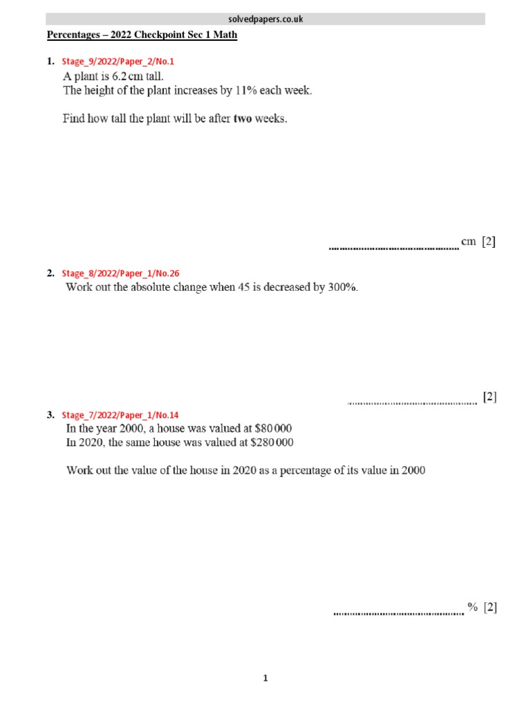 2022 Percentages Checkpoint Sec 1 Progression Mathematics | PDF