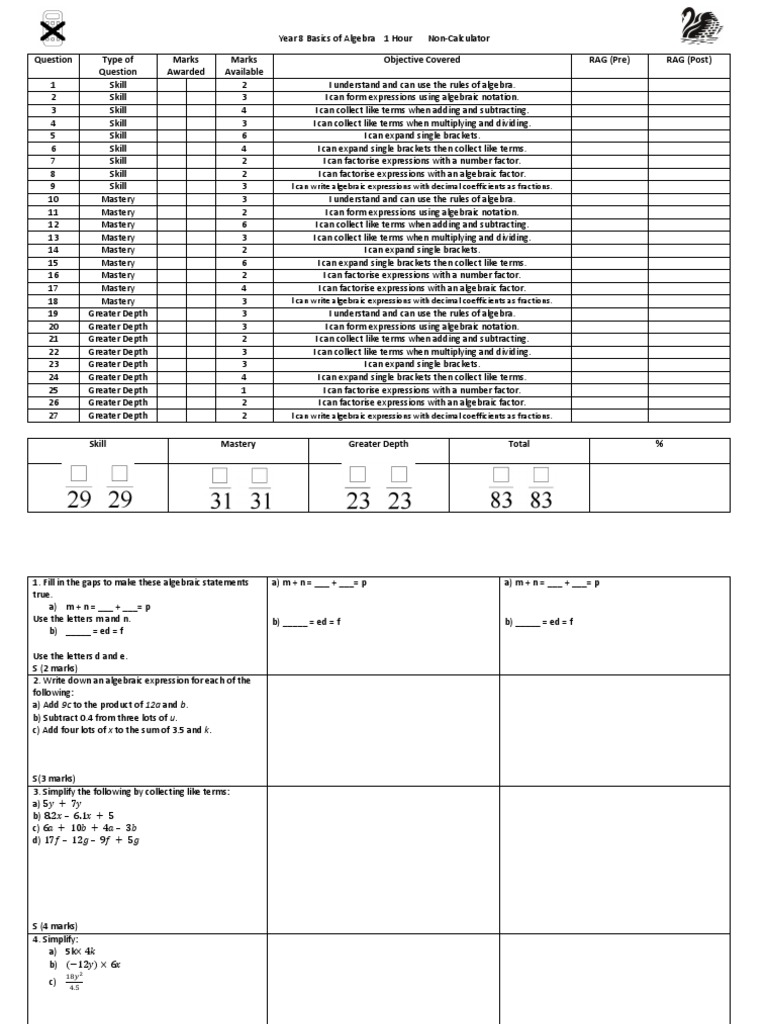 Year 8 Algebra Skills Assessment | PDF | Factorization | Numbers