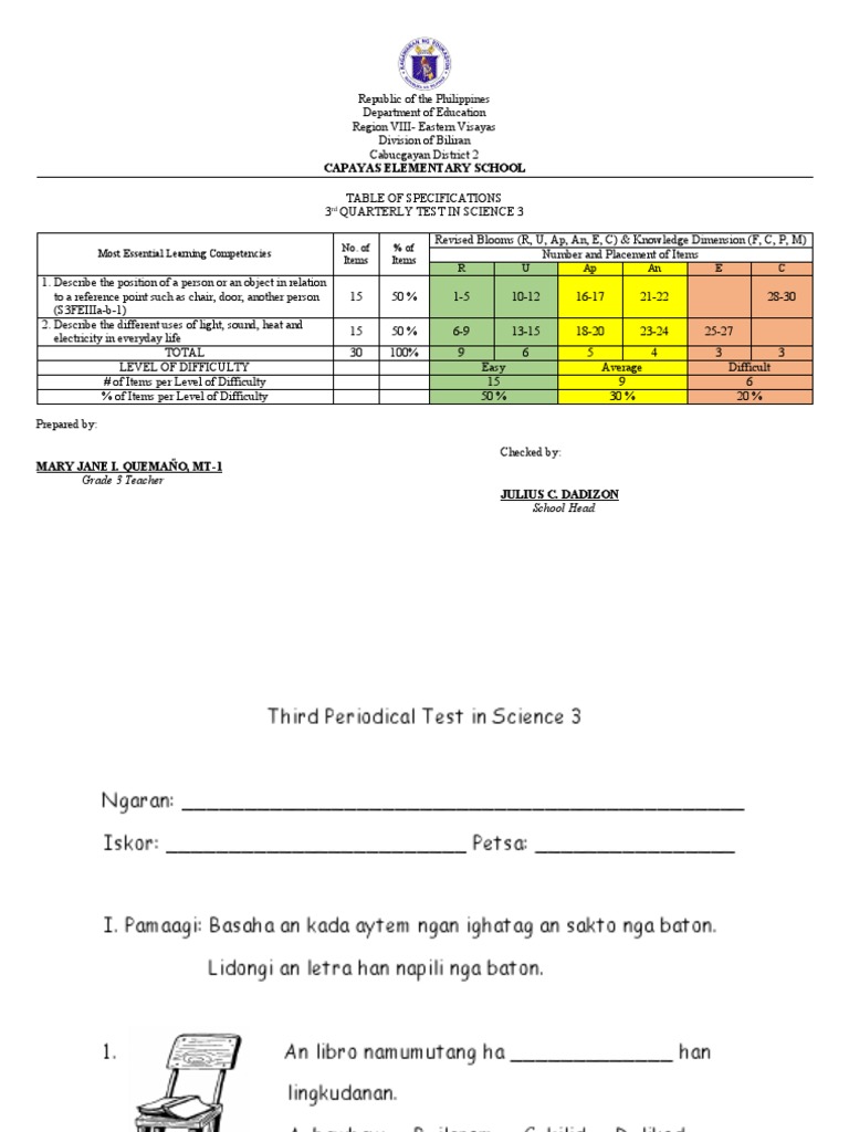 Third Periodical Test in Science - WARAY | PDF