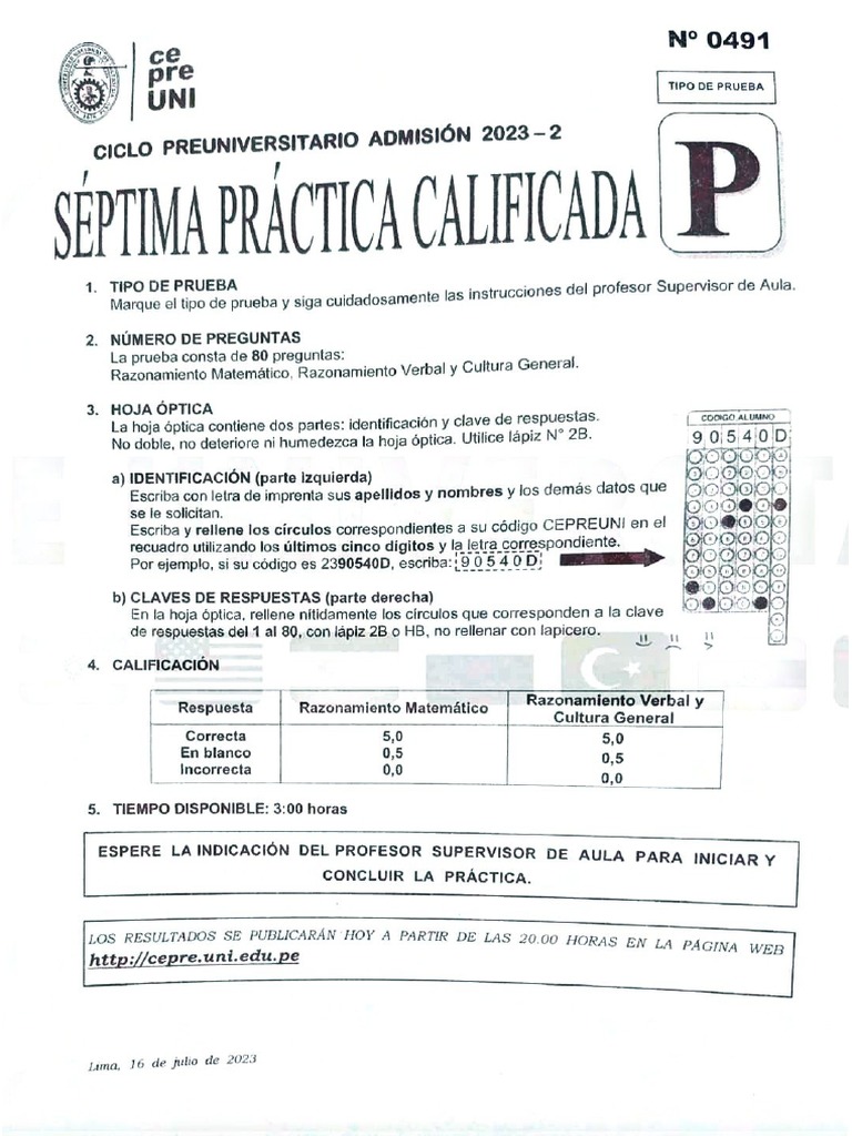 Septima Práctica Calificada Cepre UNI - 2023 II | PDF