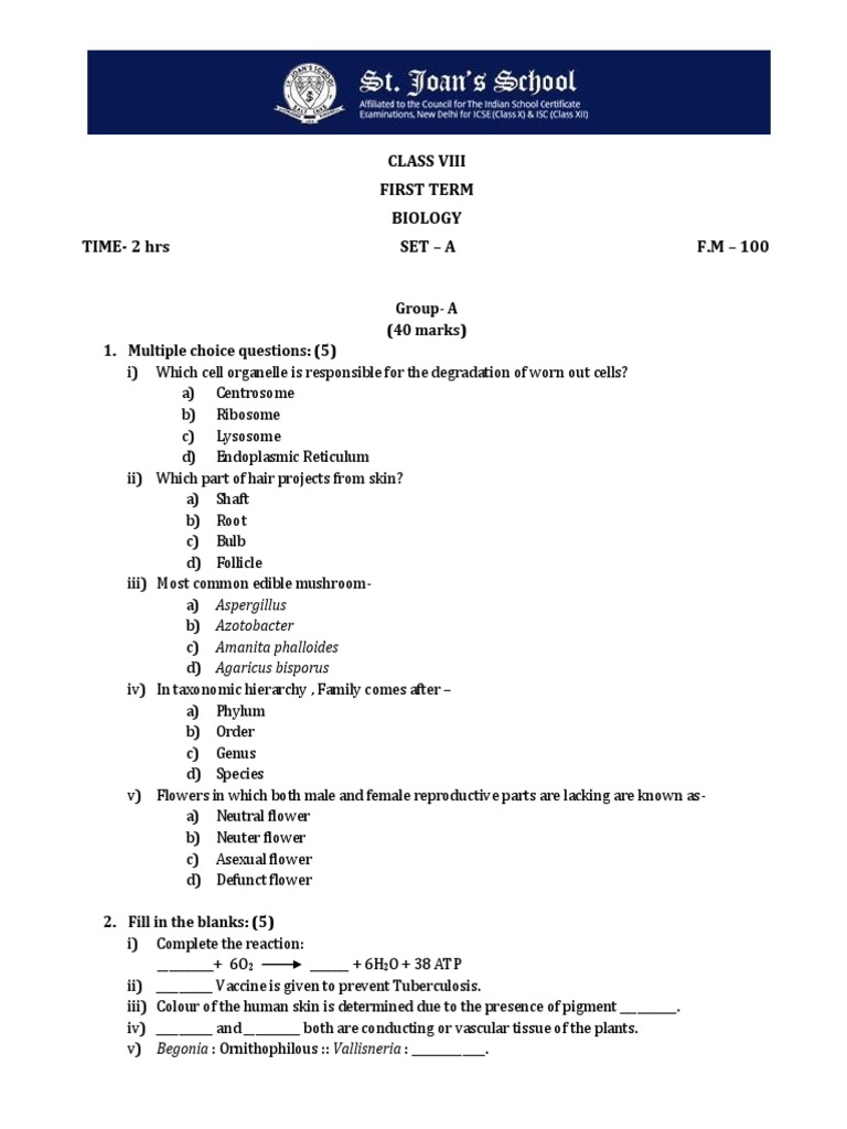 CLASS 8 - Biology-First Term Qs paper-SET A | PDF | Organisms | Plants