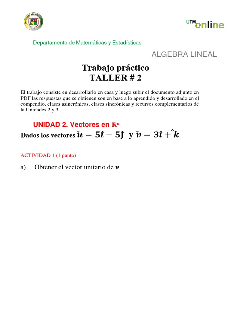 Trabajo Práctico Taller # 2: Algebra Lineal | PDF