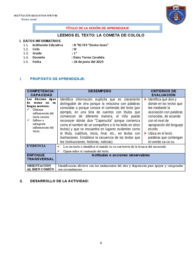 30-06 Sesion La Cometa de Calolo | PDF | Evaluación | Aprendizaje
