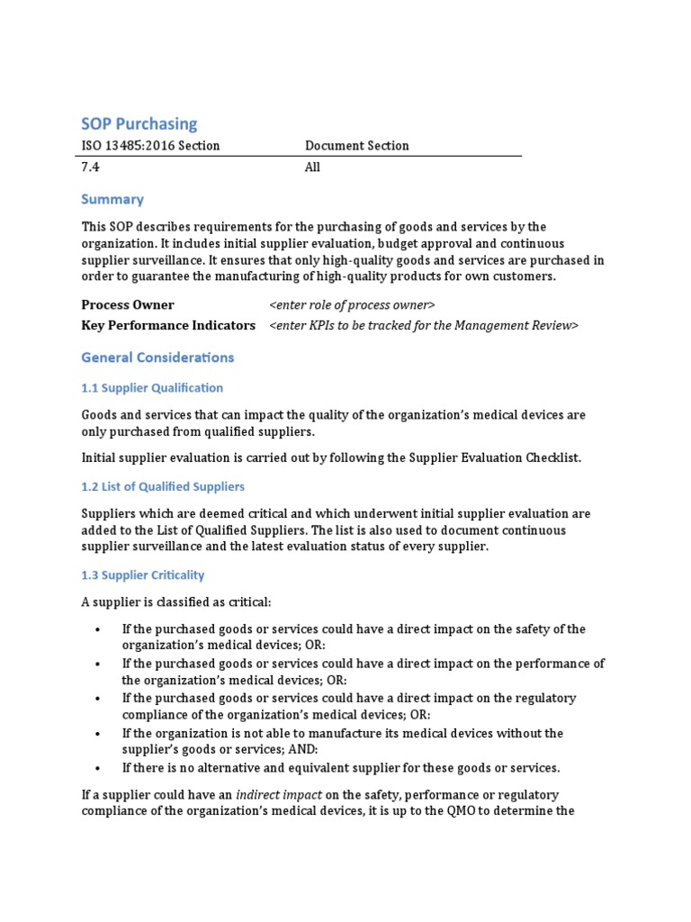 Sop Purchasing | Download Free PDF | Audit | Medical Device