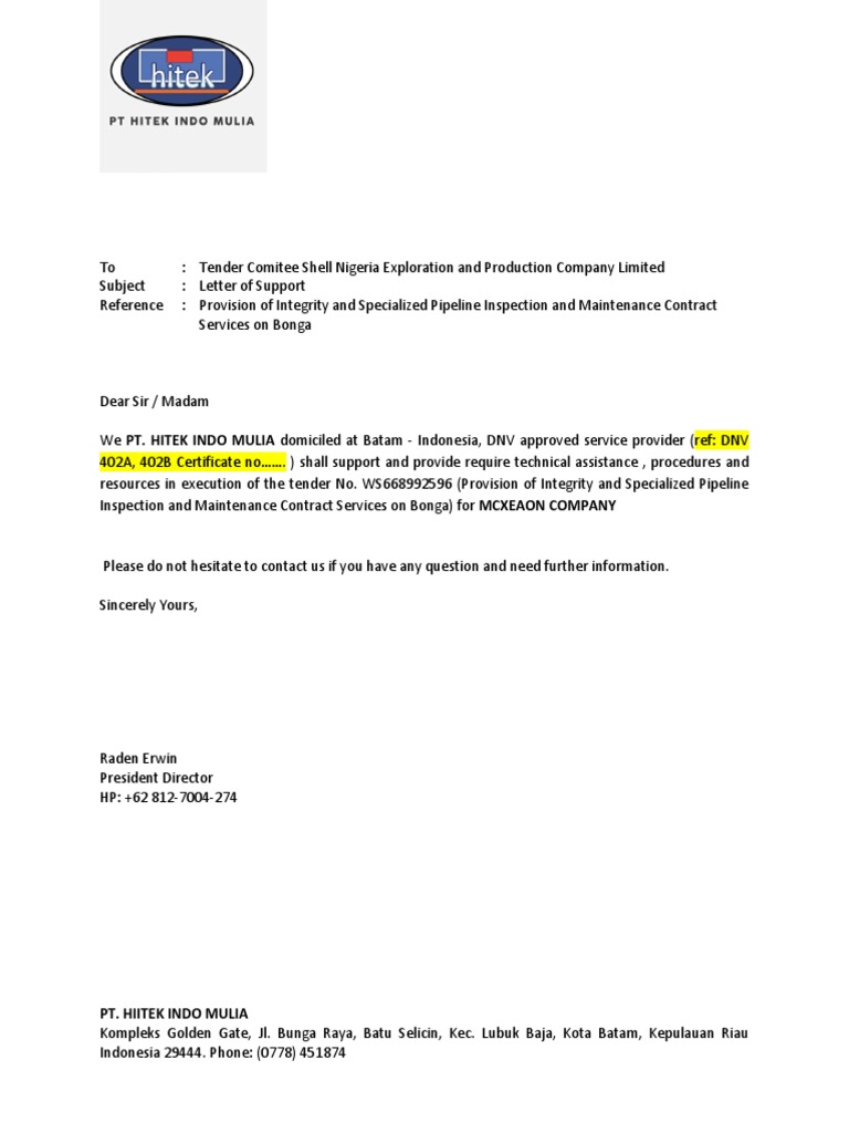 supporting letter NIGERIA -BONGA FIELD PROJECT-NDT DNV | PDF