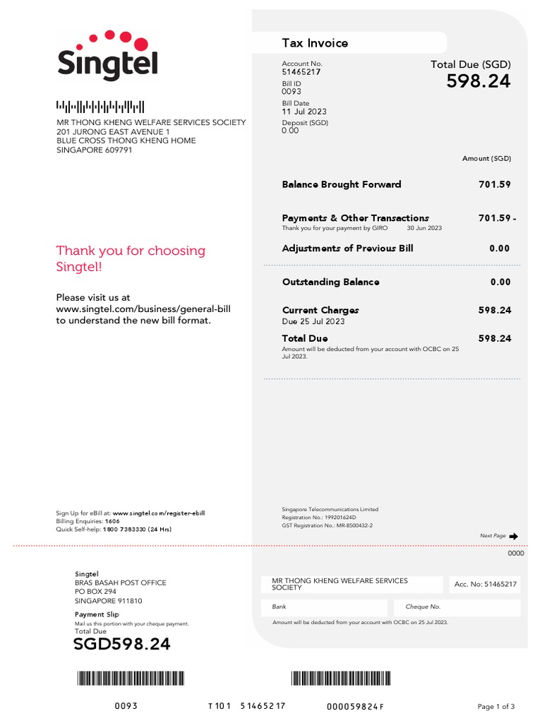 Thank You For Choosing Singtel!: Tax Invoice | PDF | Payments | Cheque